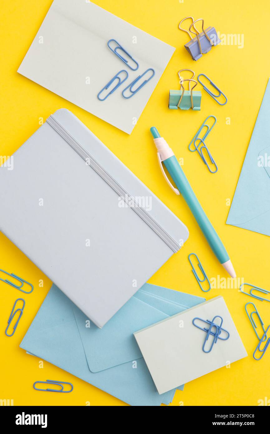 Flat lay stationary composition yellow background Stock Photo - Alamy