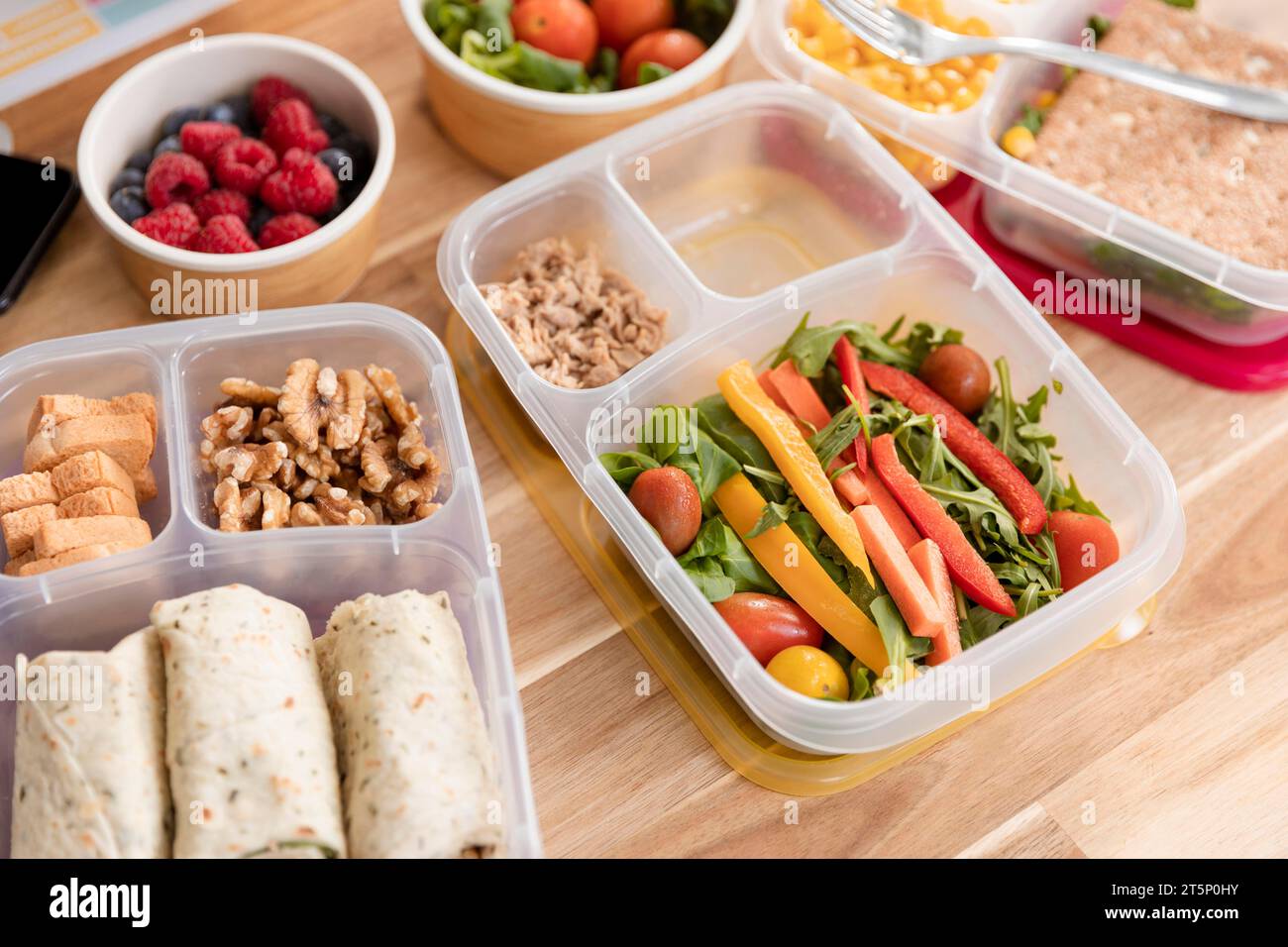 High view organic food lunch boxes Stock Photo - Alamy