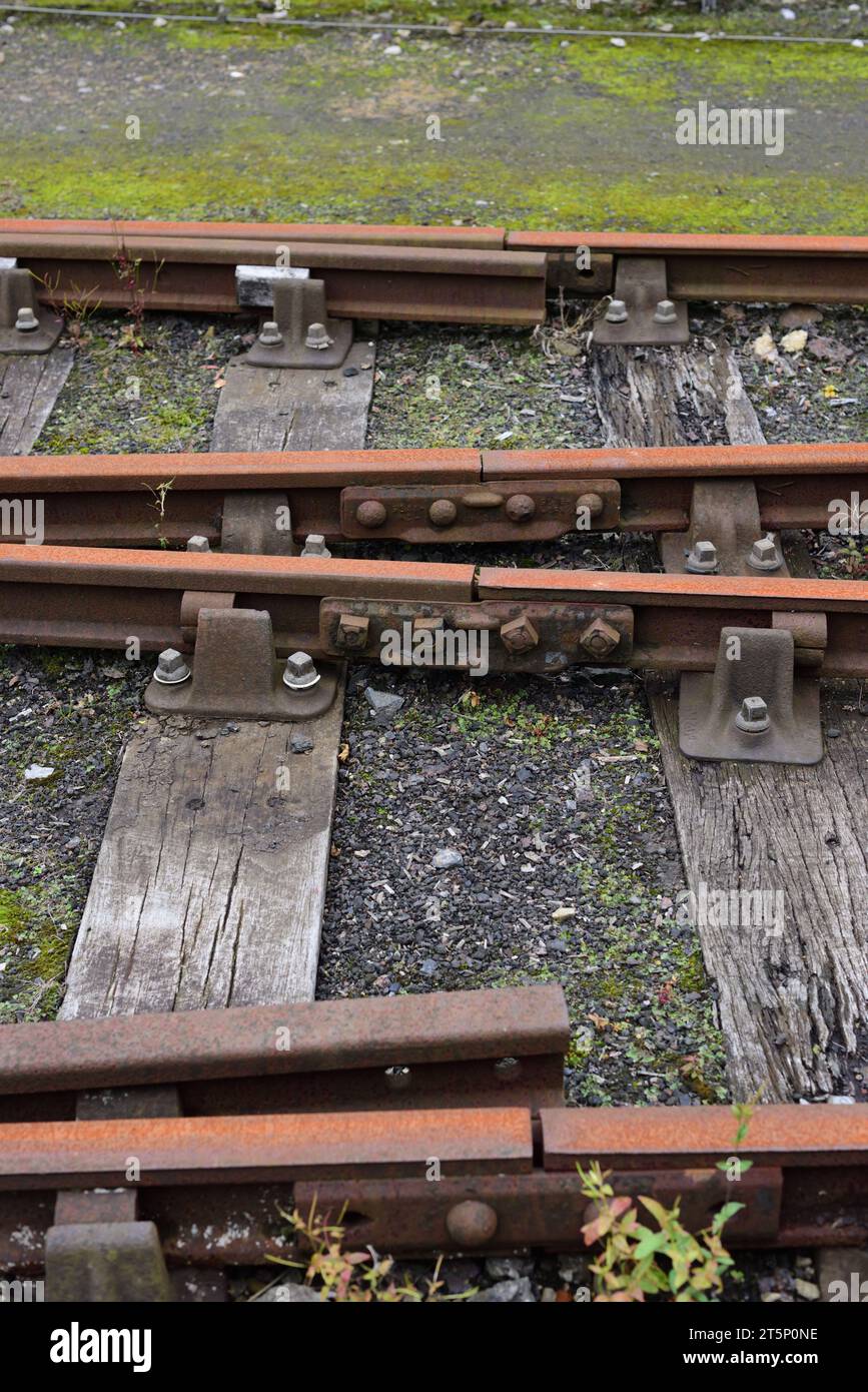 Joints in rusty railway tracks at Goathland station on the North ...