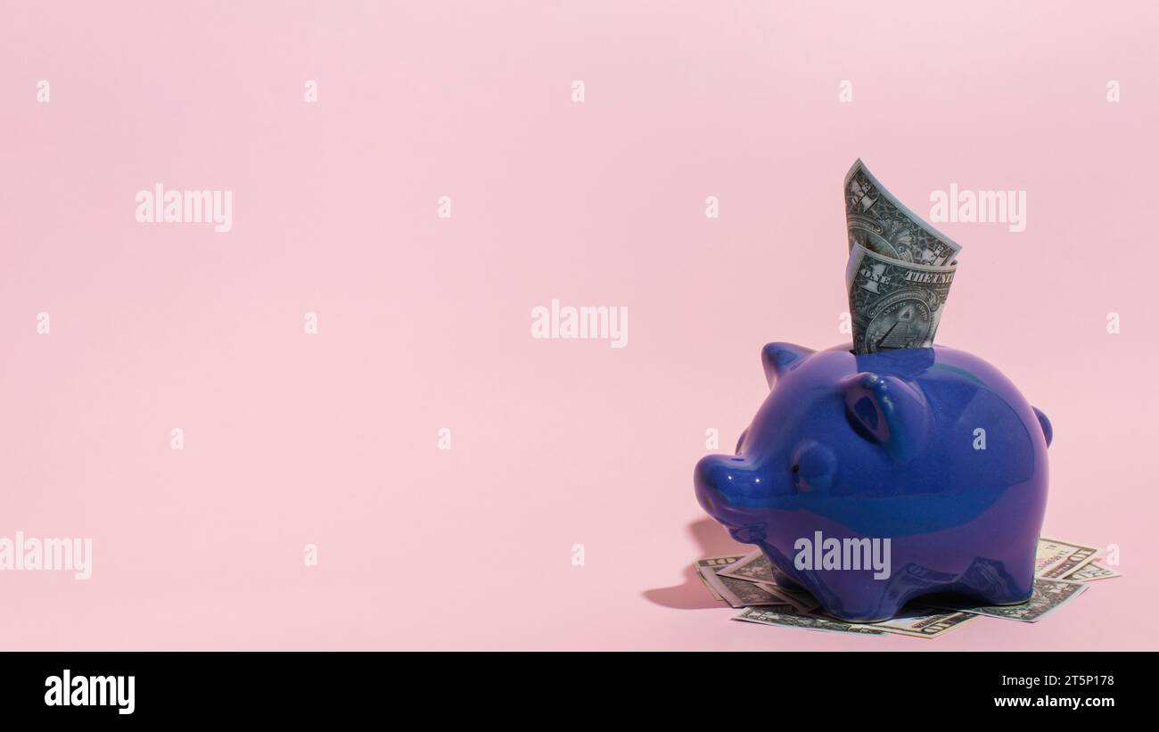 Purple piggy bank with copy space Stock Photo - Alamy