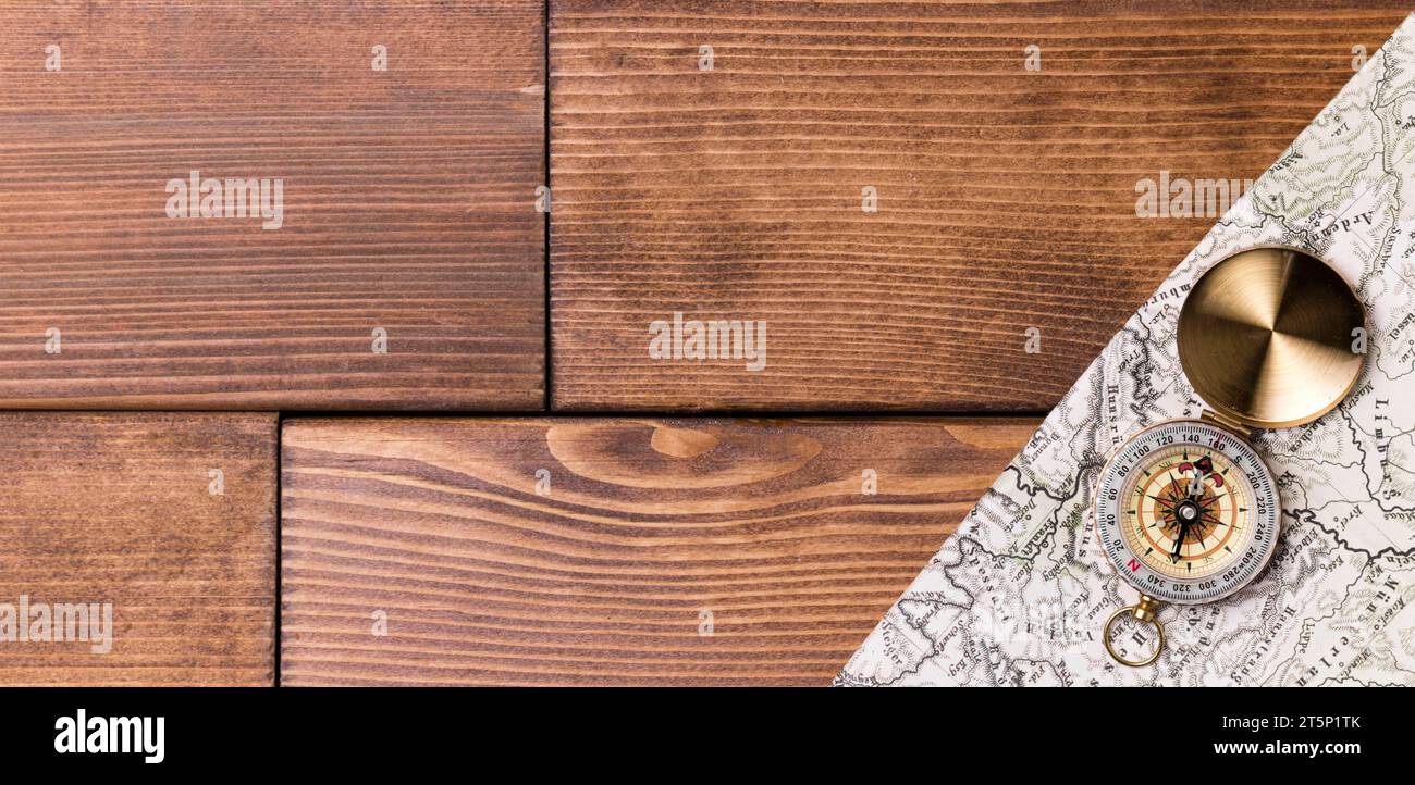 Top view compass top world map with copy space Stock Photo - Alamy