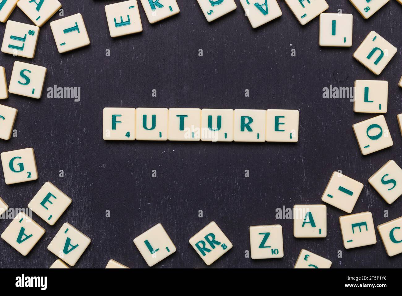 Top view future text made from scrabble game letters Stock Photo - Alamy