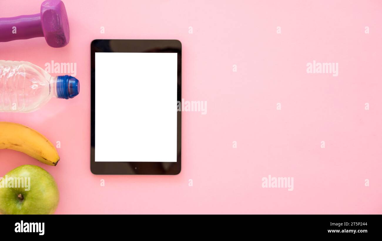 Top view tablet with healthy stuff line Stock Photo - Alamy
