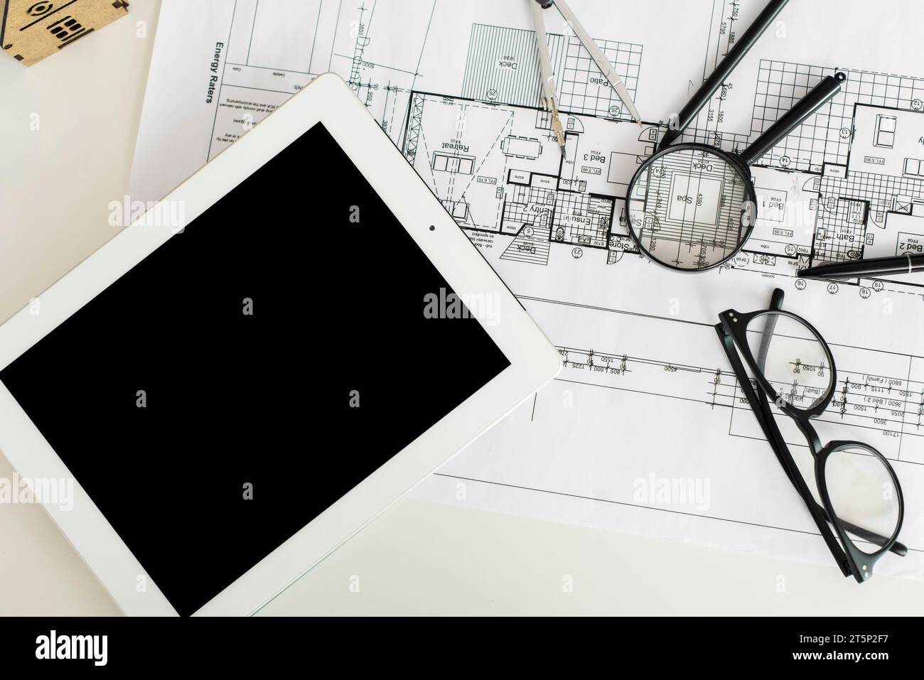 Working table architect engineer mockup top view Stock Photo - Alamy