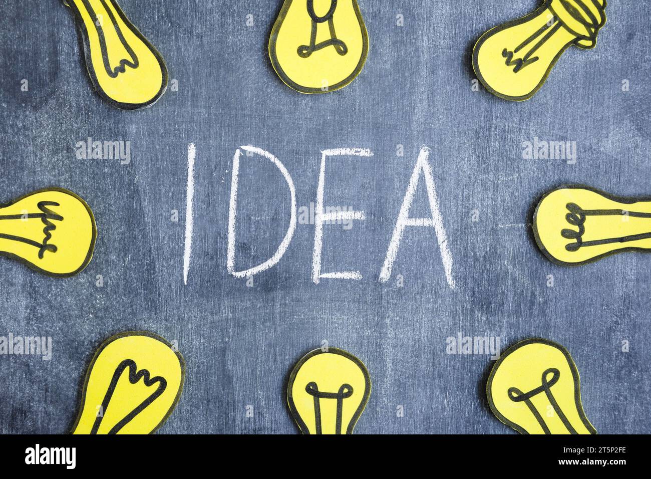 Yellow light bulbs around idea text written chalkboard Stock Photo - Alamy