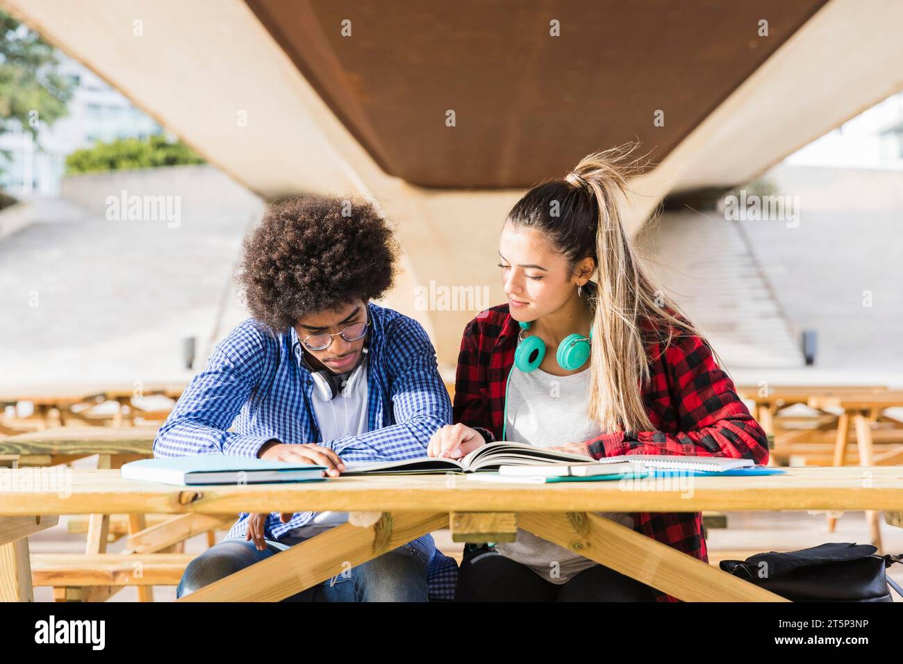 Diverse young couple sitting wooden bench studying together university ...