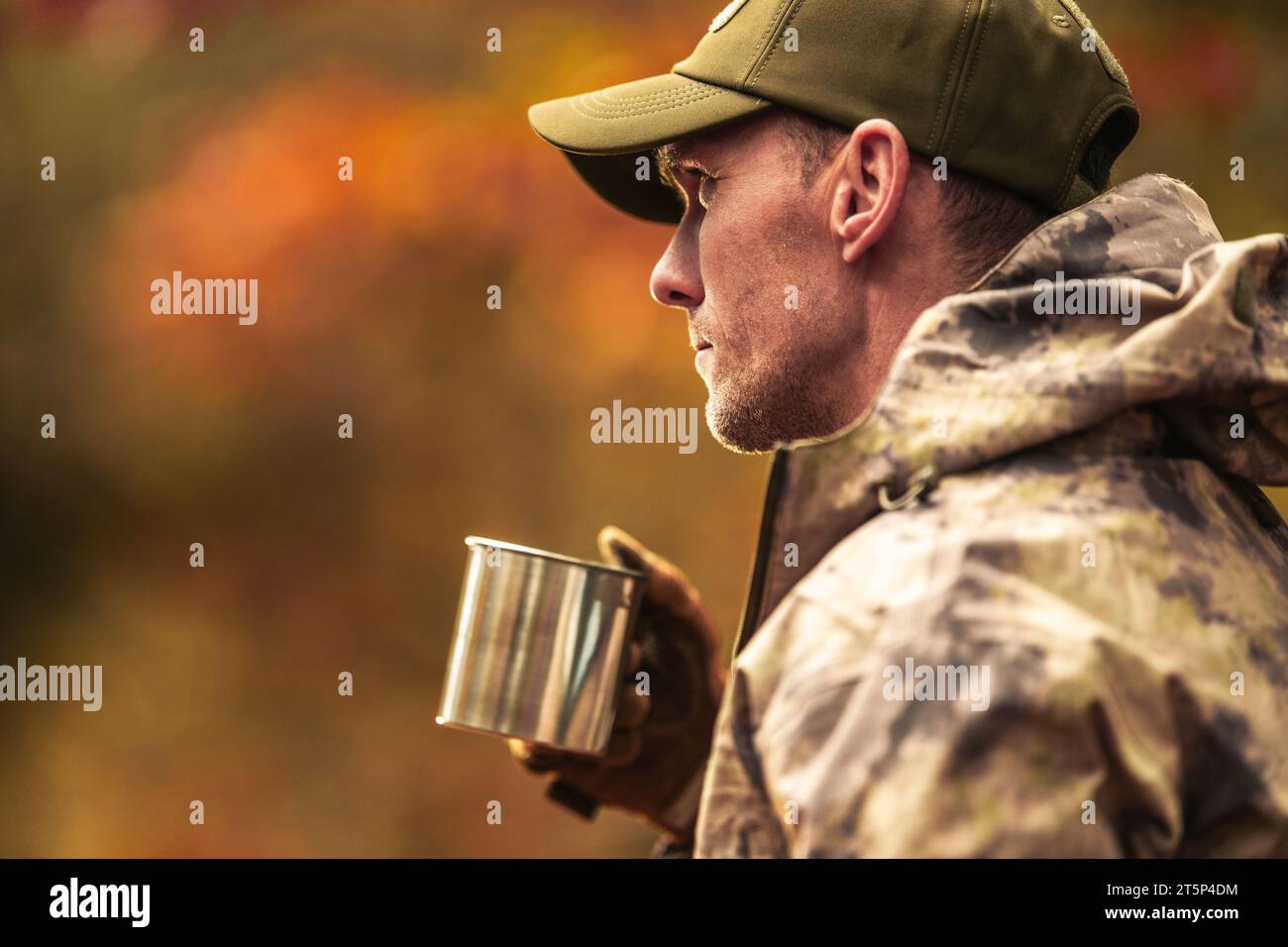 Caucasian Hunter in His 40s Wearing Camouflage Drinking a Coffee ...