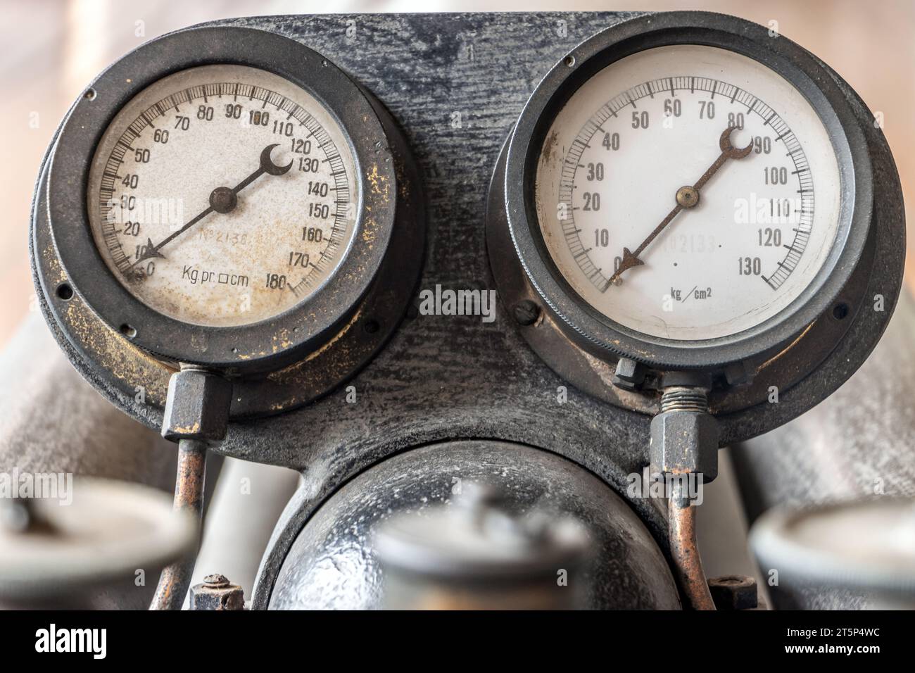 The historical pressure gauges on the torpedo service system, close up ...