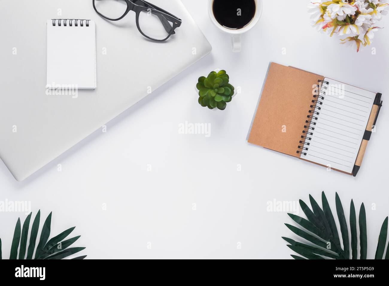 Overhead view office stationery with laptop coffee cup flower vase ...