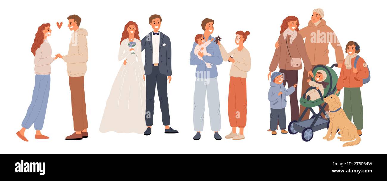 Cartoon happy family development stages. Cute couple in love. Happy ...