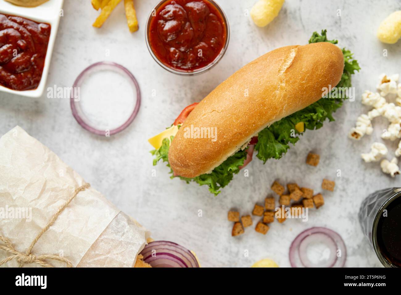 Top view sandwich with snacks Stock Photo - Alamy