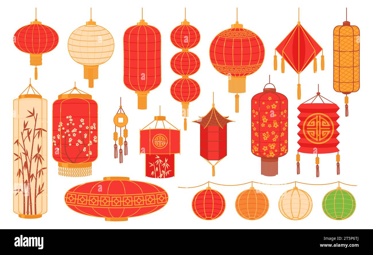 Chinese red lanterns. Traditional Asian festive elements. Decorative ...