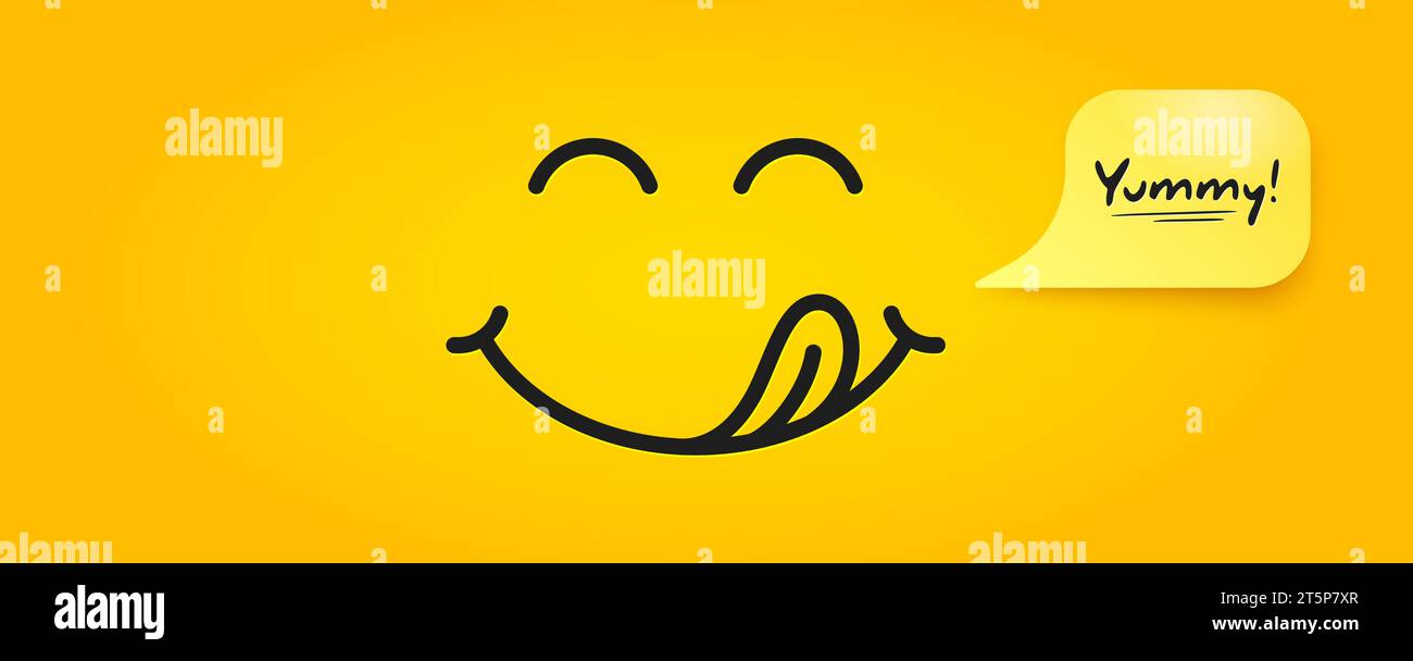 Yummy smile emoticon with tongue lick mouth. Tasty food eating emoji ...