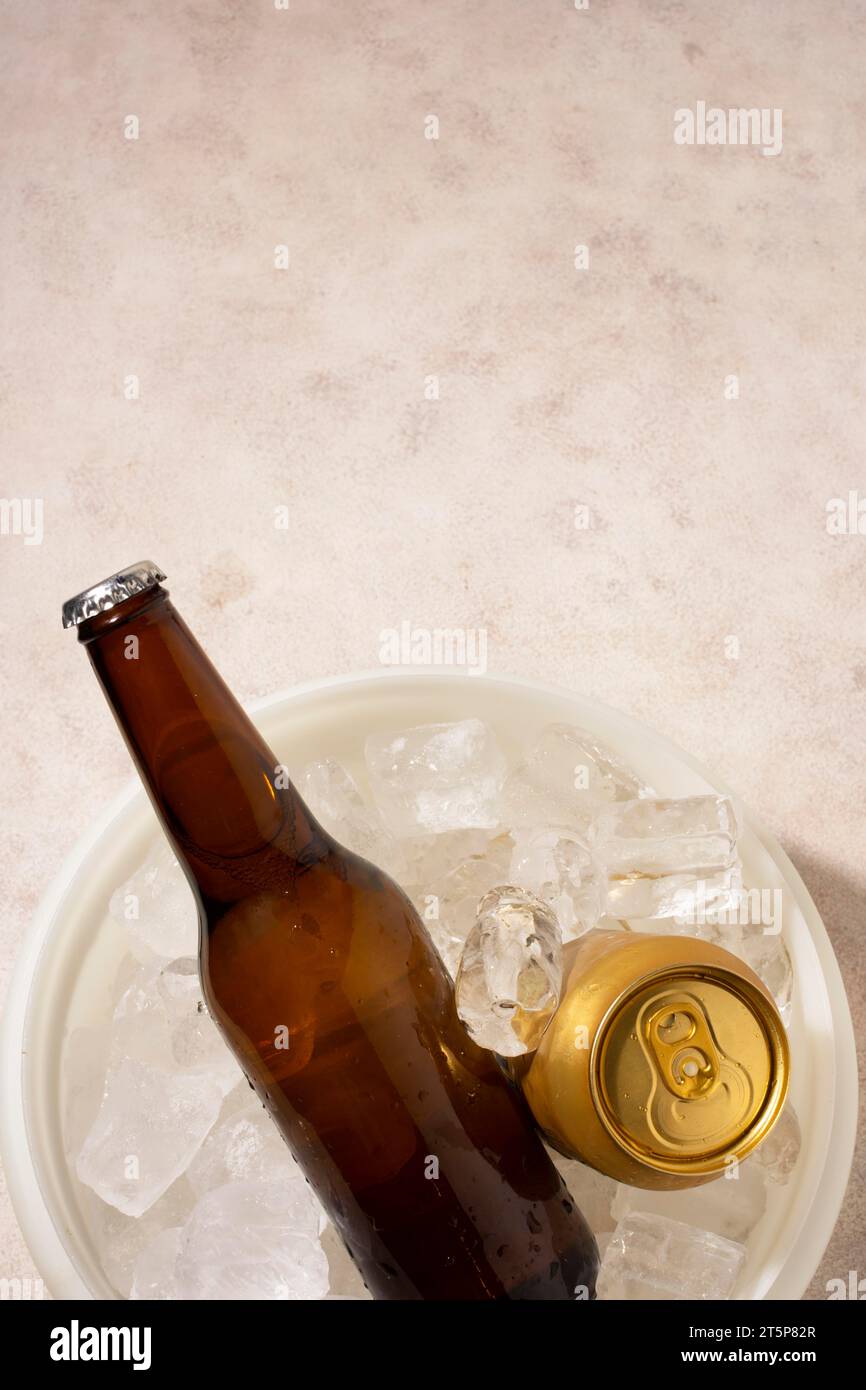 Copy space beer battle can bucket with ice cubes Stock Photo - Alamy