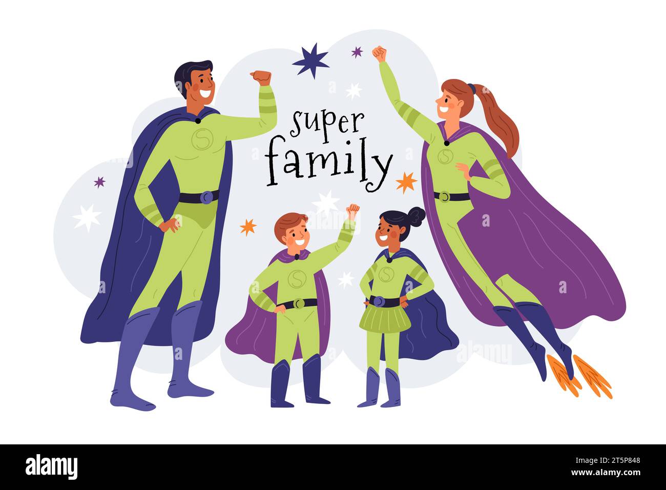 Superheroes family. Happy strong parents with children posing together ...