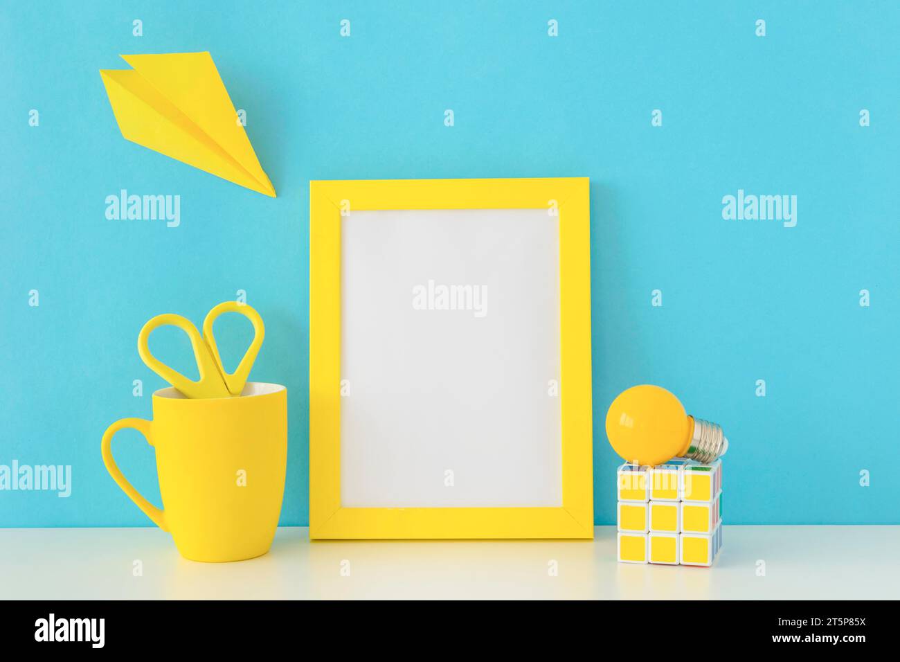 Creative workplace blue yellow colors with rubik s cube bulb Stock ...