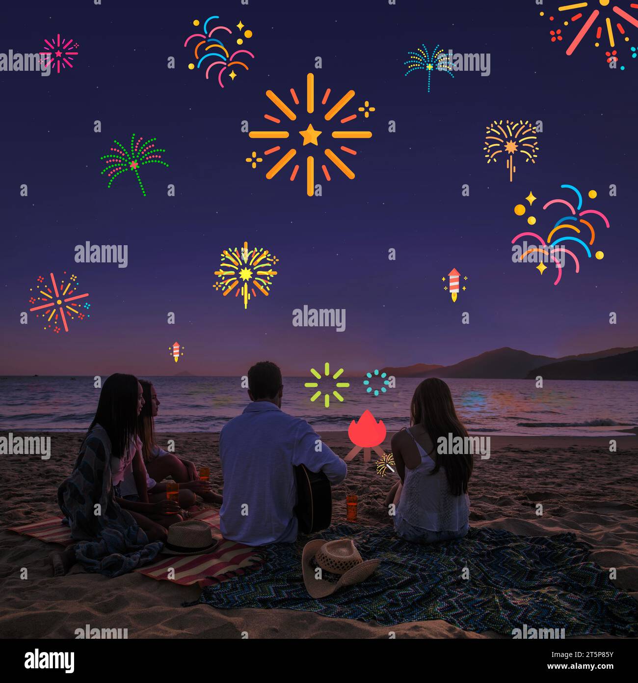 Crystal clear night sky with friends fireworks filter Stock Photo - Alamy