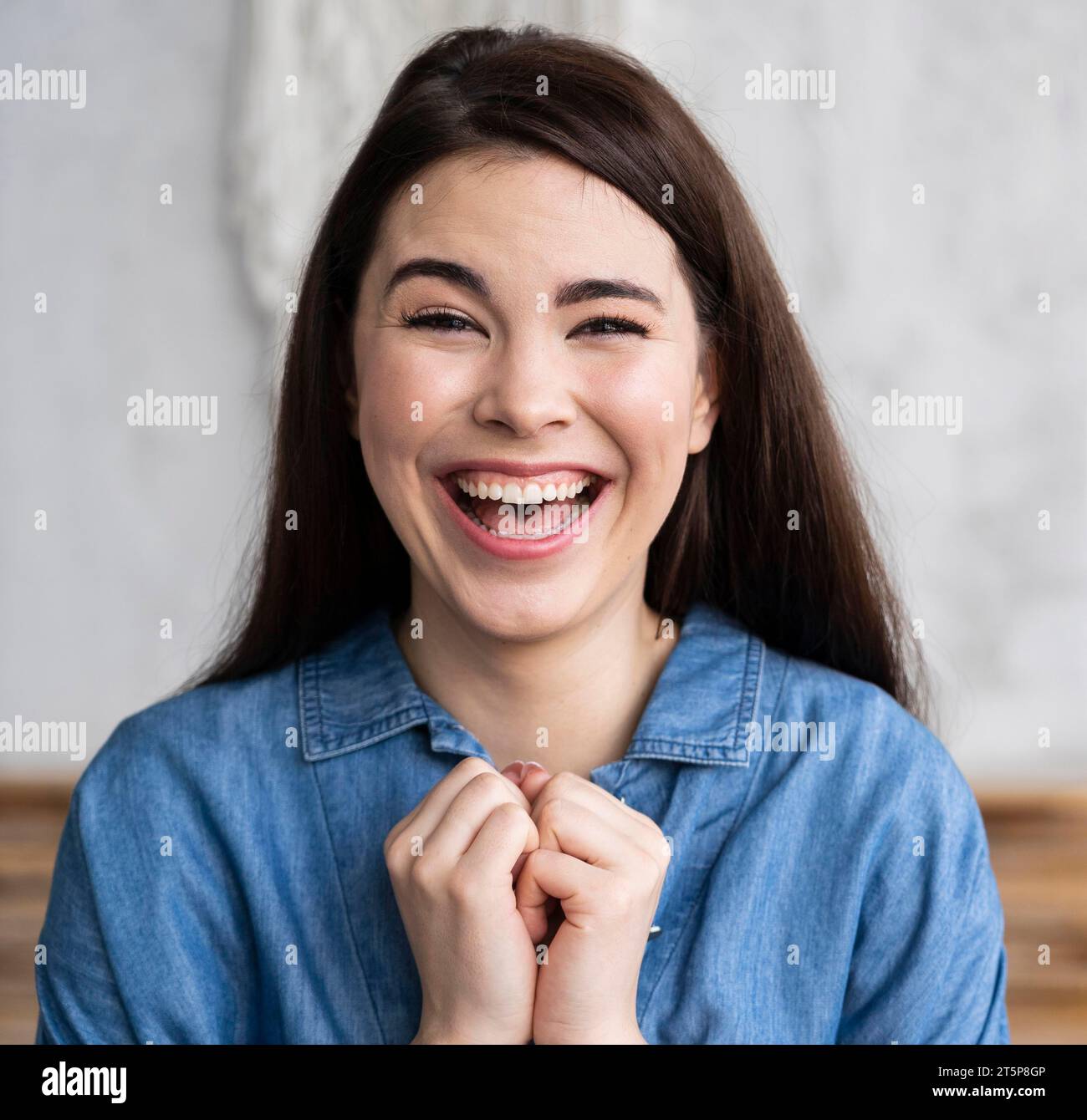 Front view happy woman smiling Stock Photo - Alamy