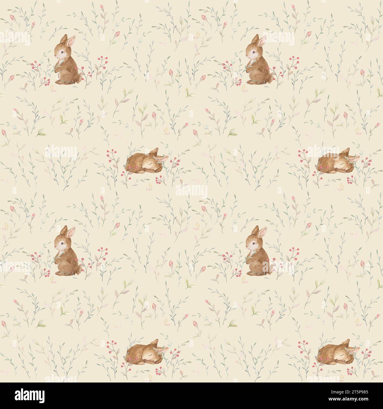 Rabbit Seamless Pattern. Little Rabbit Watercolor. Forest Animals ...