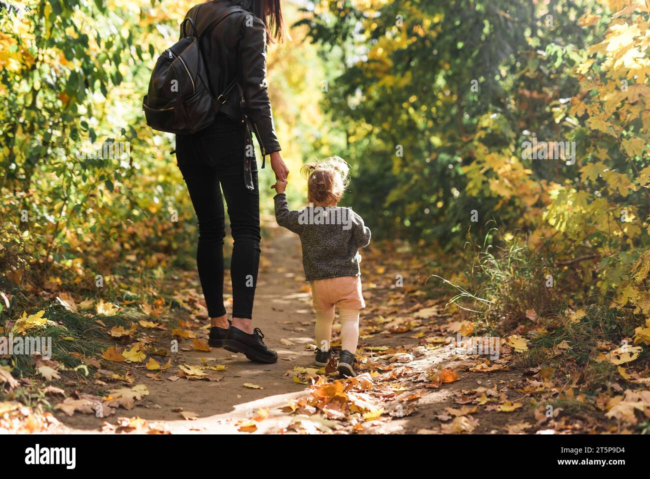 Rear view mother daughter walking forest Stock Photo - Alamy