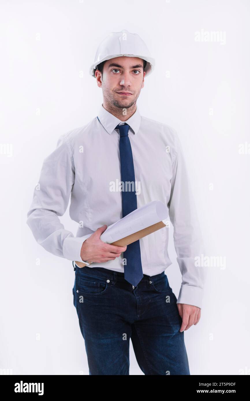 Serious man with drafts Stock Photo - Alamy