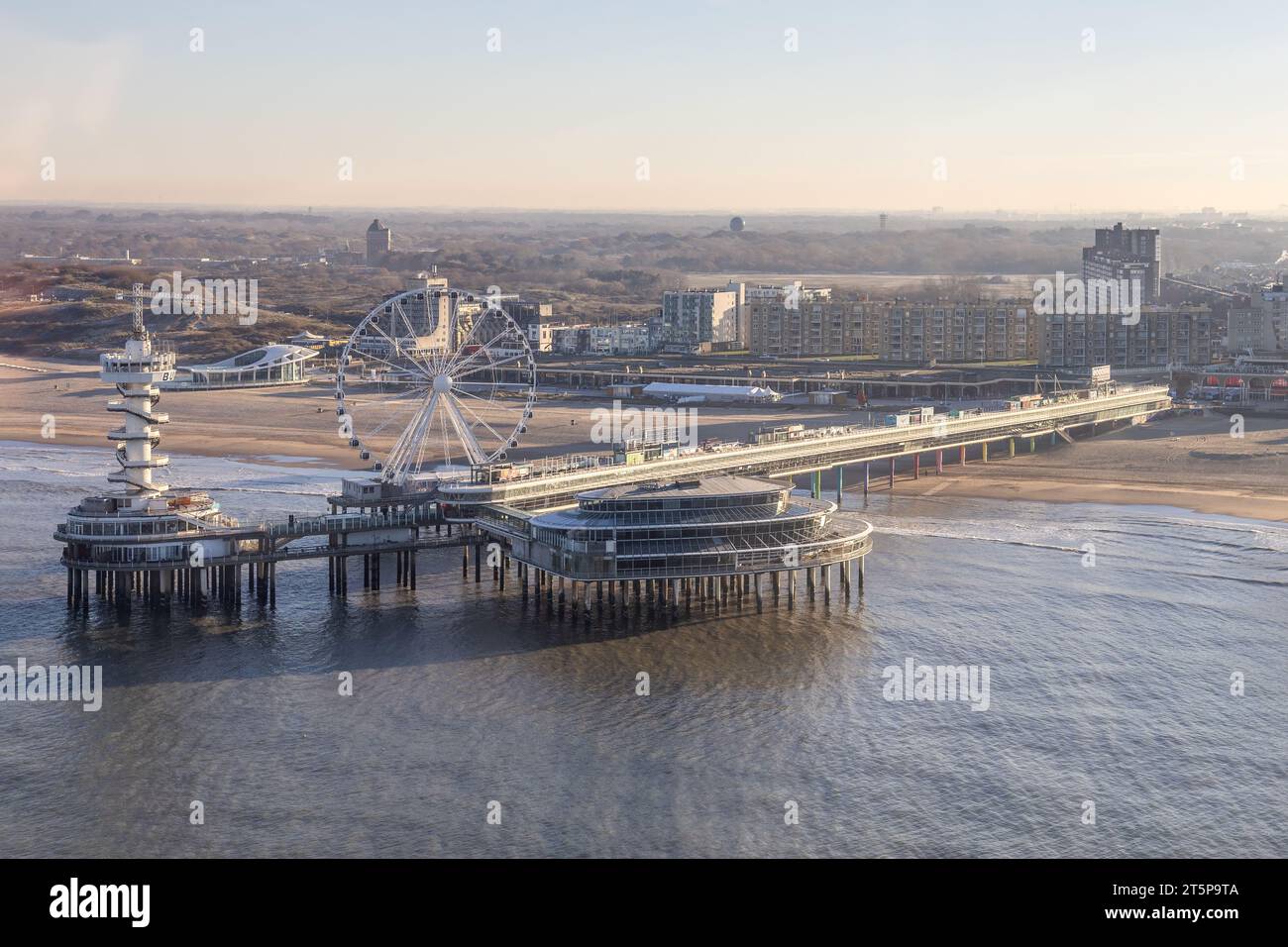 Aerial view Dutch Scheveningen Pier with Ferris wheel at Dutch coast ...