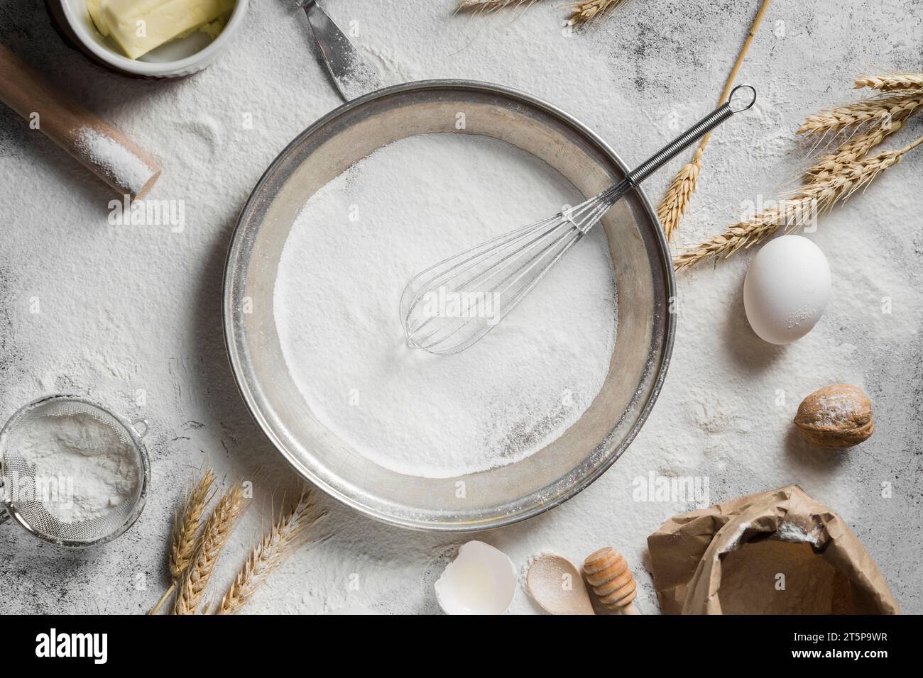Top view pan filled with baking flour table Stock Photo - Alamy