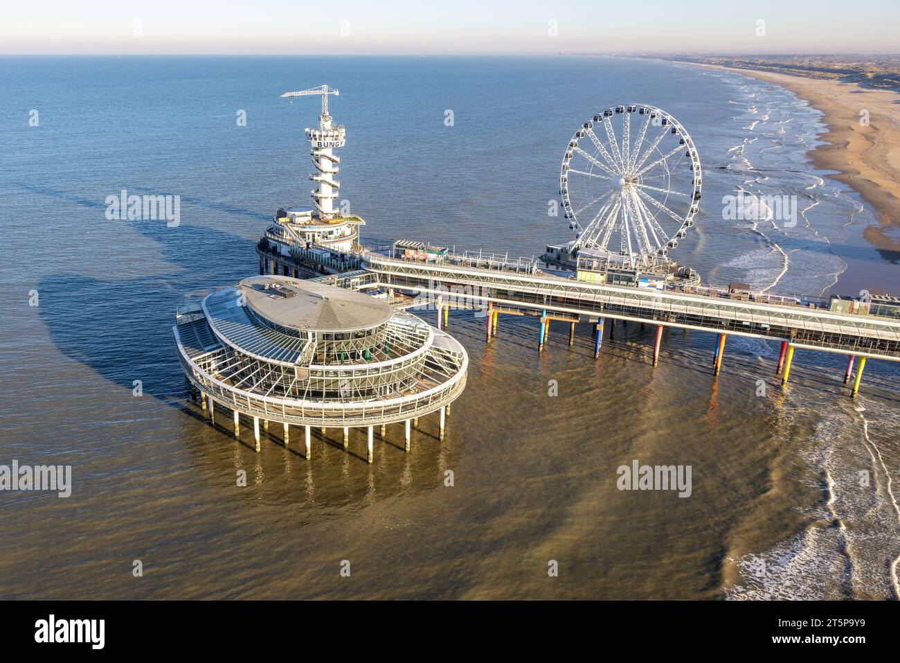 Aerial view Dutch Scheveningen Pier with Ferris wheel at Dutch coast ...