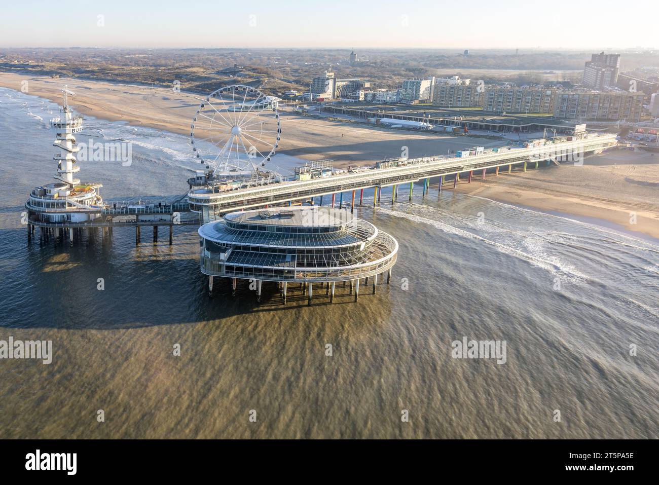 Aerial view Dutch Scheveningen Pier with Ferris wheel at Dutch coast ...