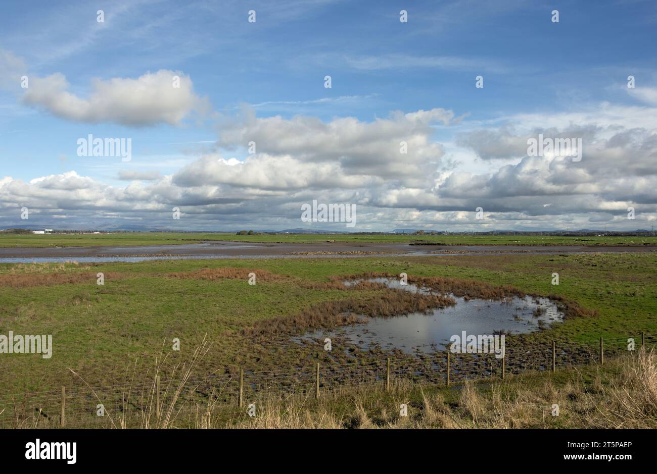 Waterlogged marsh by the River Douglas with a distant view to the ...
