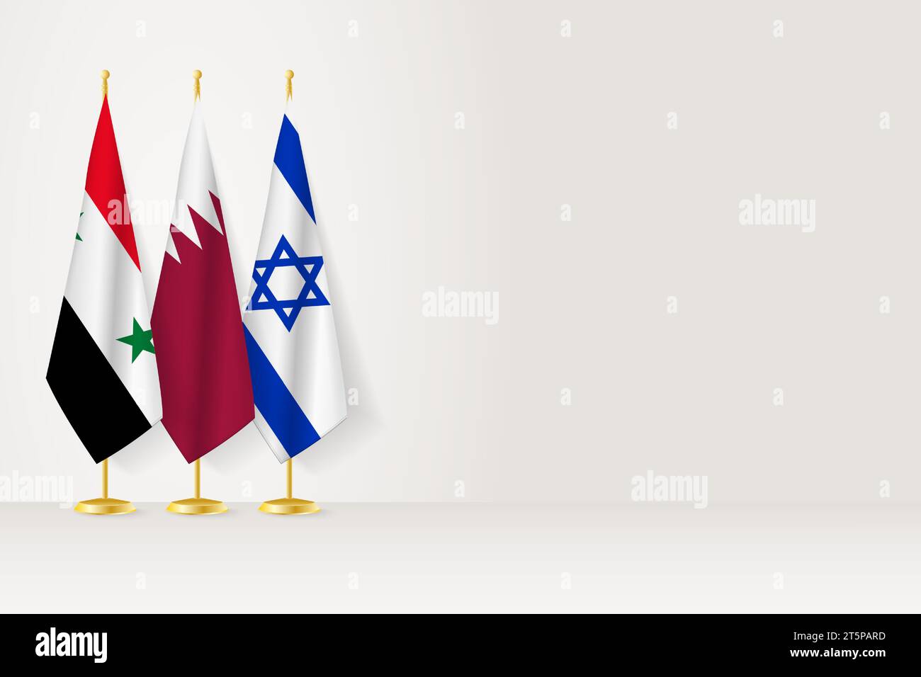 Flags of Syria, Qatar and Israel stand in row on indoor flagpole ...