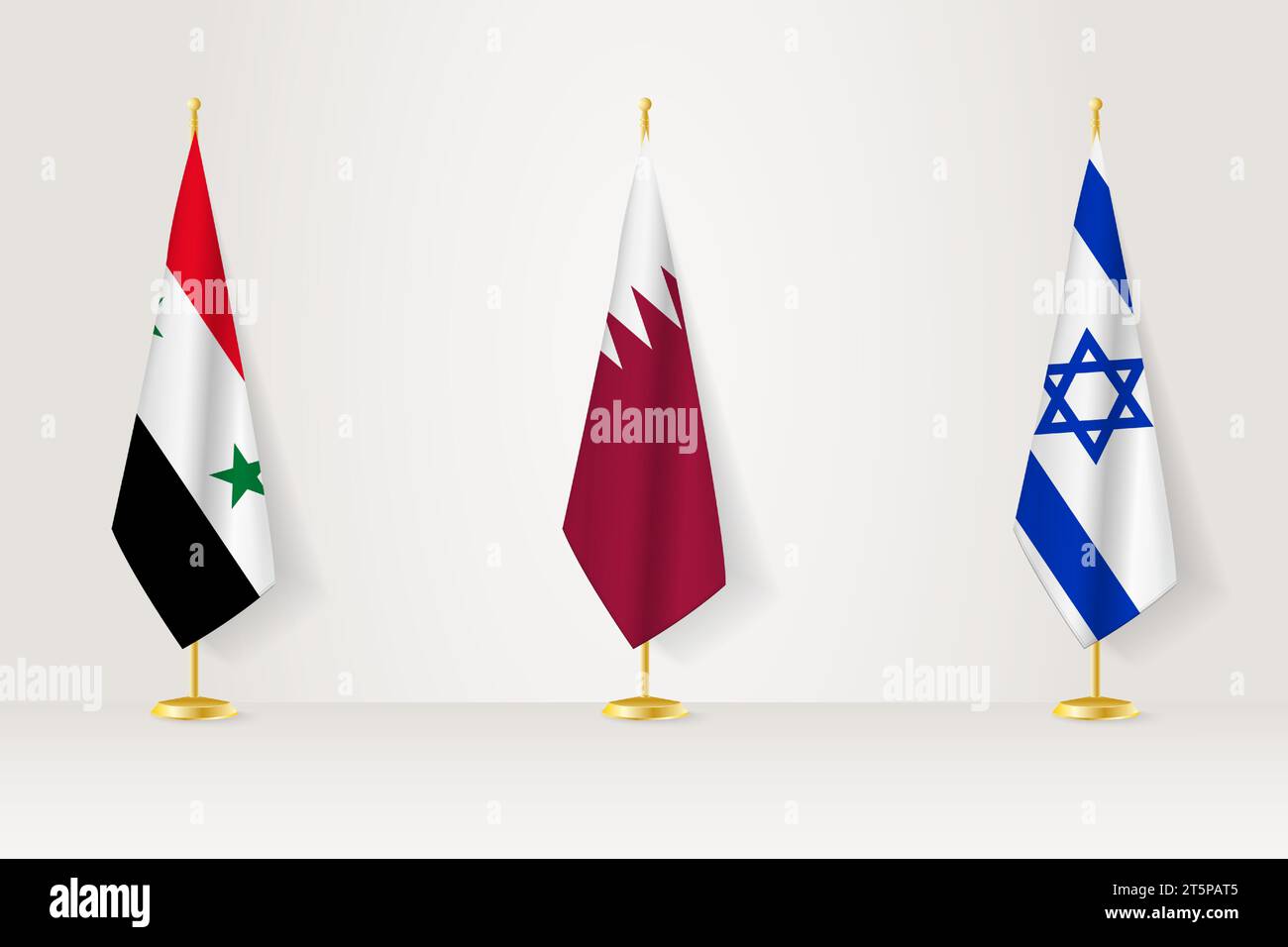 Political gathering of governments. Flags of Syria, Qatar and Israel ...