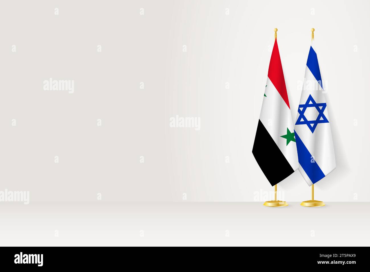 Flags of Syria and Israel on flag stand, meeting between two countries ...