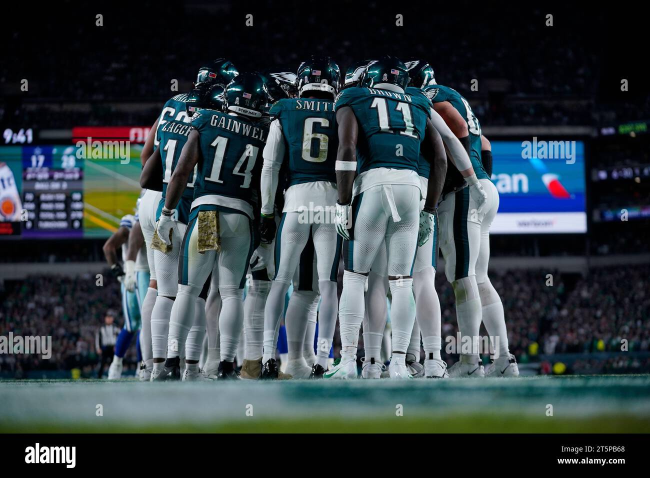 The Philadelphia Eagles huddle during an NFL football game, Sunday, Nov ...