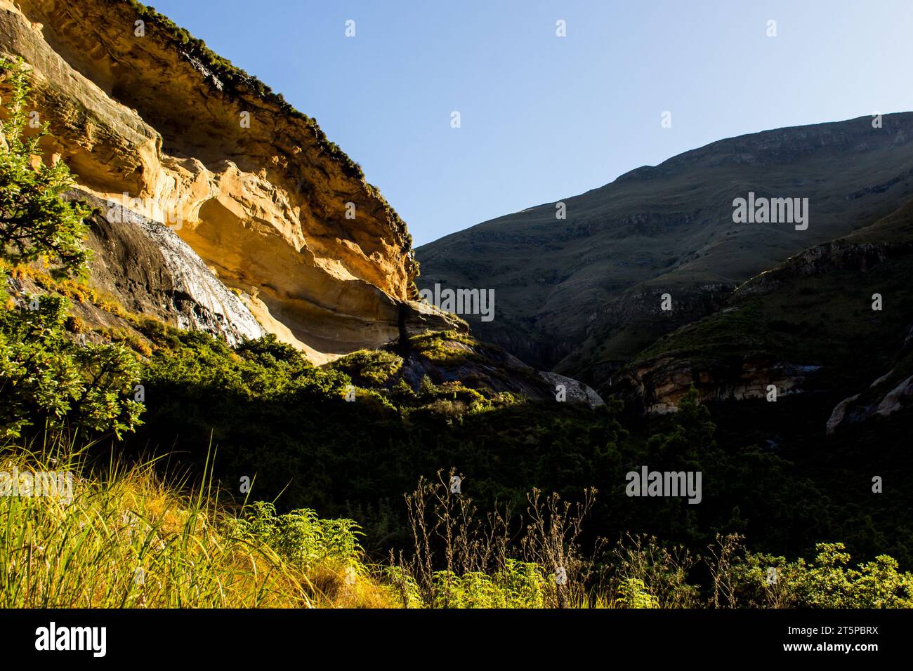 Early morning sunlight illuminating a sandstone cliff with the ...