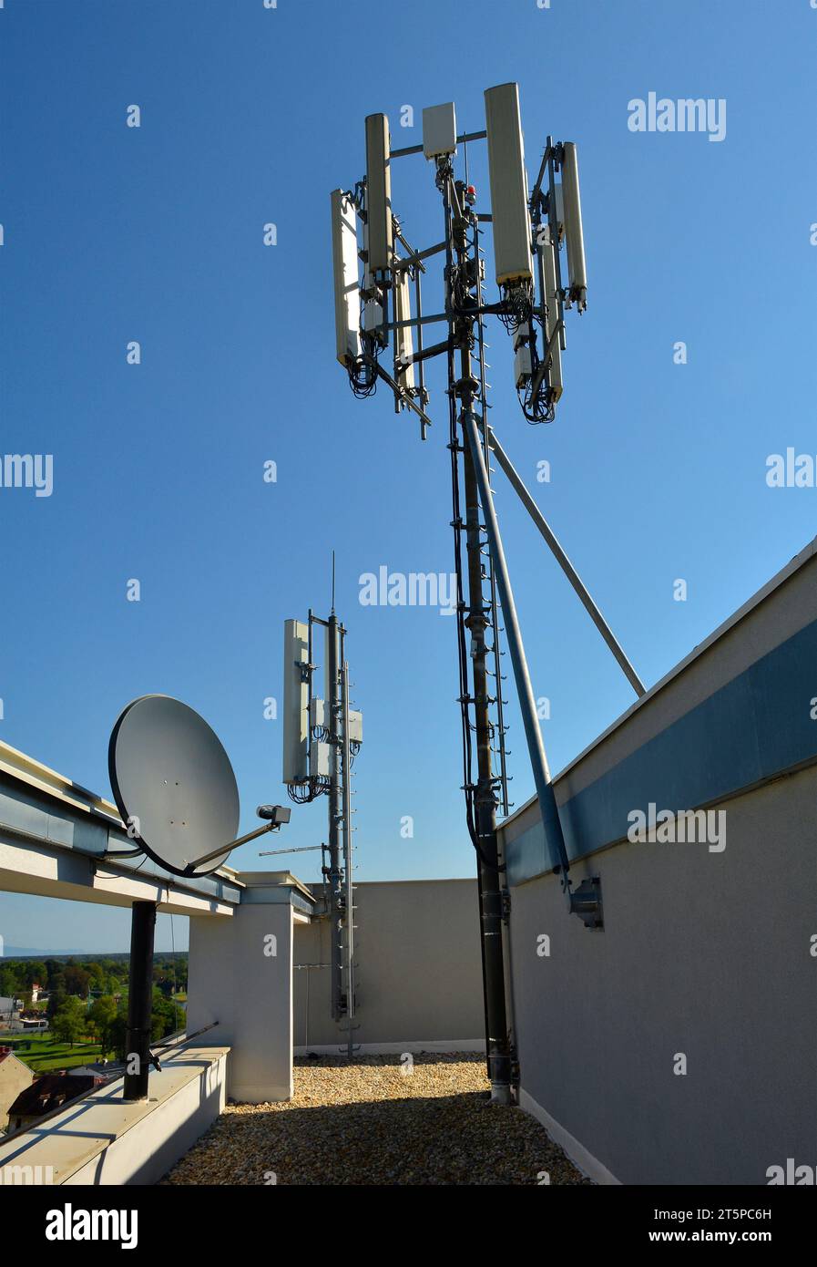 4G and 5G cellular antennas on the flat roof of a high rise building in ...