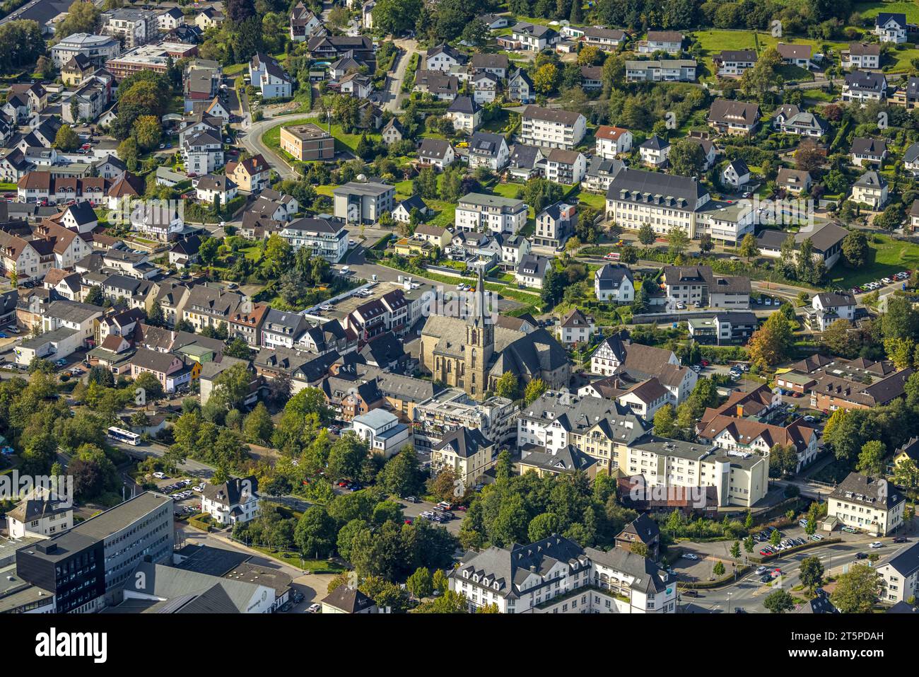 Aerial view, town center with St. Johannes Church, Johannes School ...