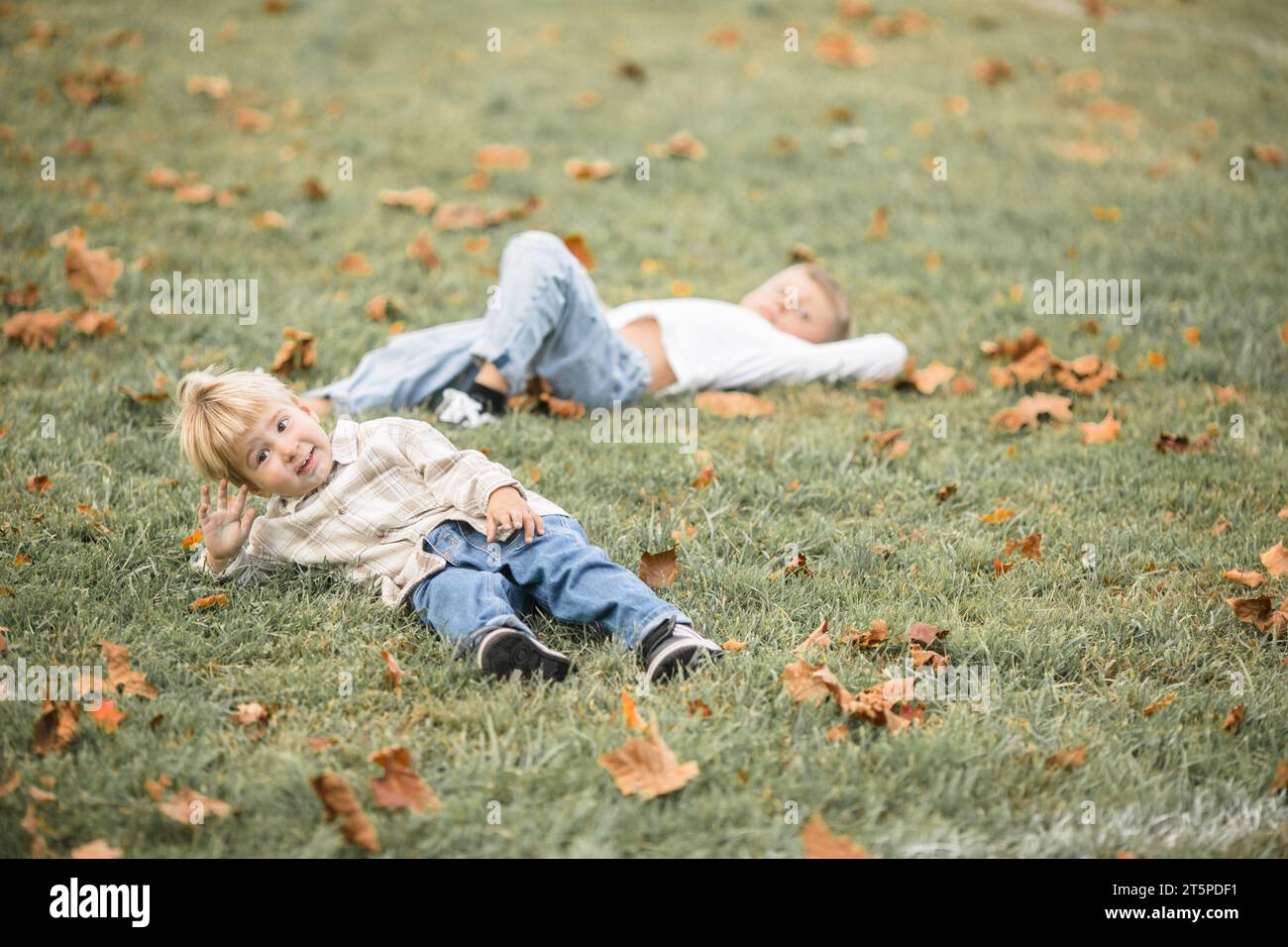 Little boys laying in autumn park. Colorful foliage, maple leaves ...