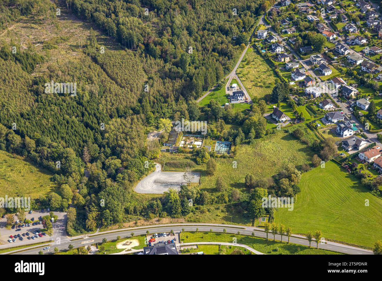 Aerial view, Former outdoor swimming pool, painted heart in the pool ...