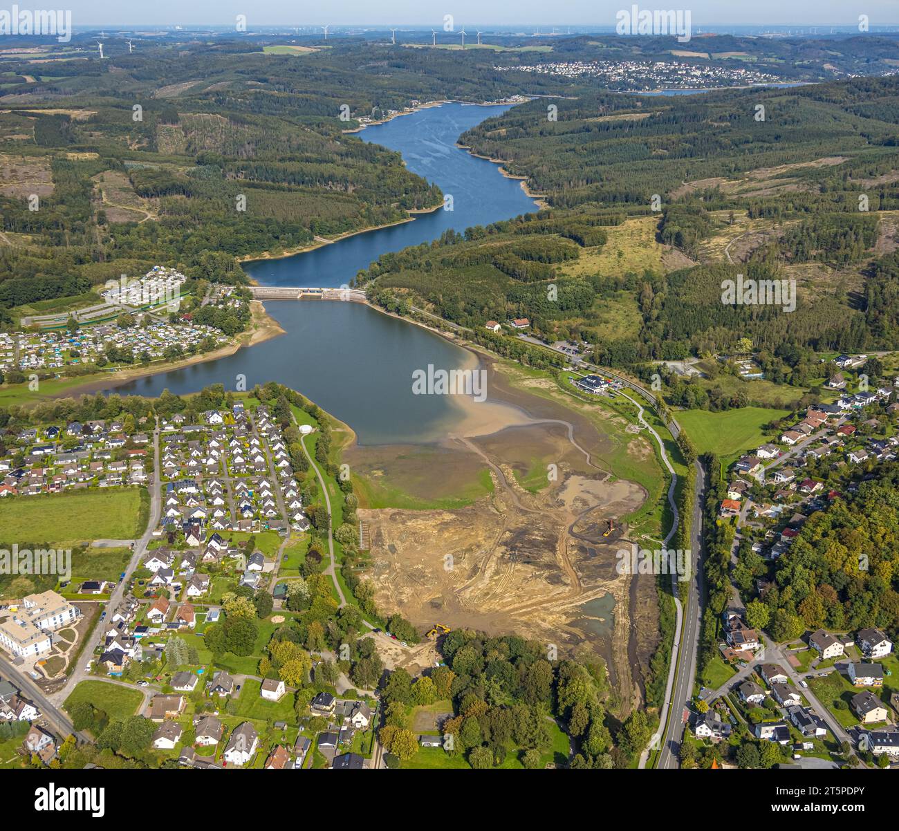 Aerial view, Sorpe dam and forebay, Amecke and camping at the dam ...