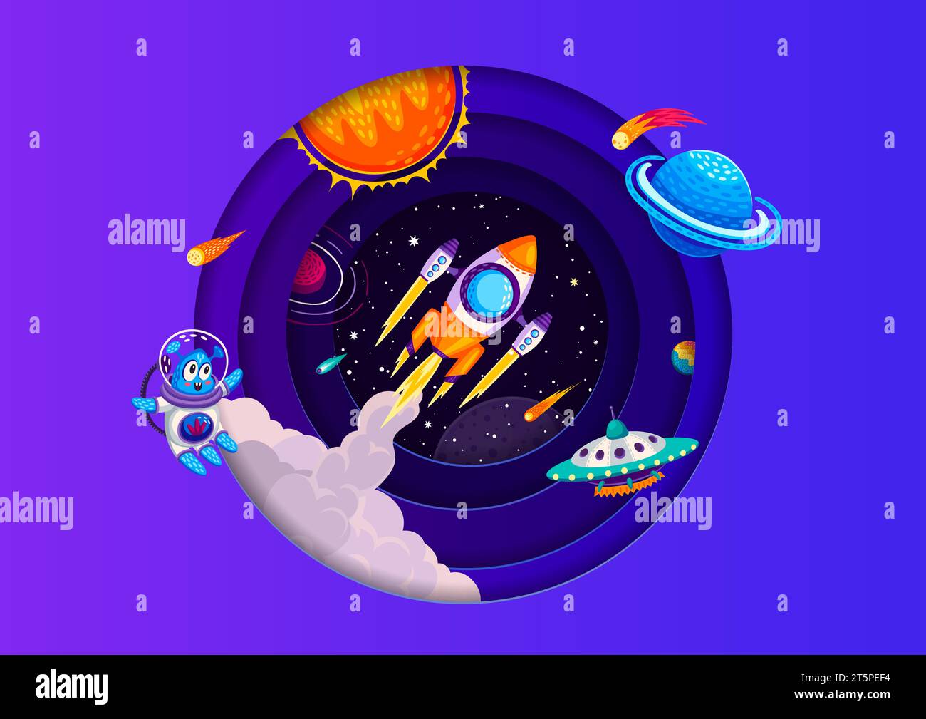 Paper cut banner, cartoon space rocket launch, UFO and alien between ...