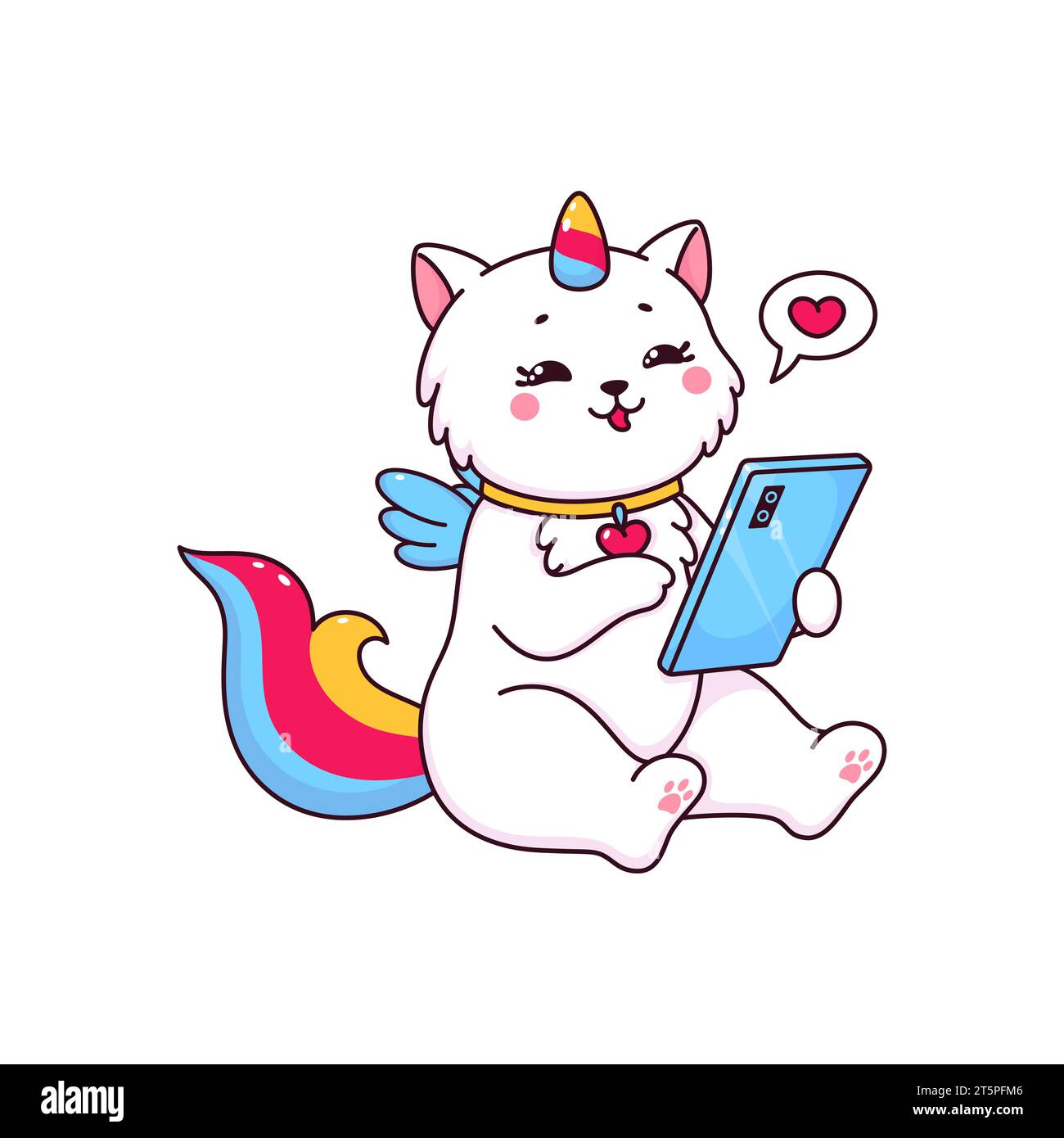 Cartoon cute caticorn cat or kitten character texting on mobile phone ...