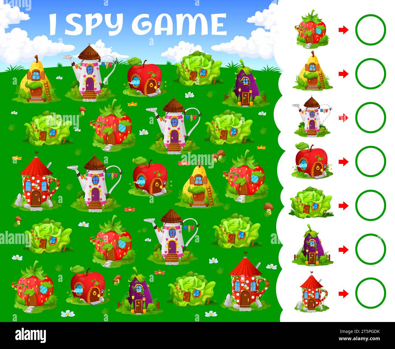 I spy game cartoon fairytale house buildings. Kids vector riddle How ...