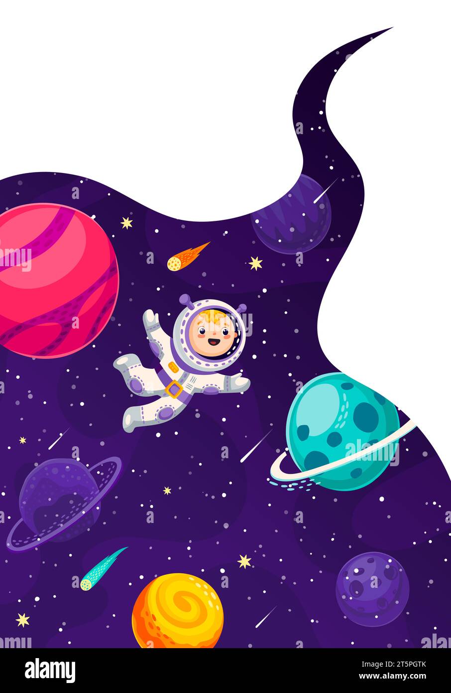 Cartoon kid spaceman in outer space. Galaxy landscape. Vector interstellar travel scene with ...