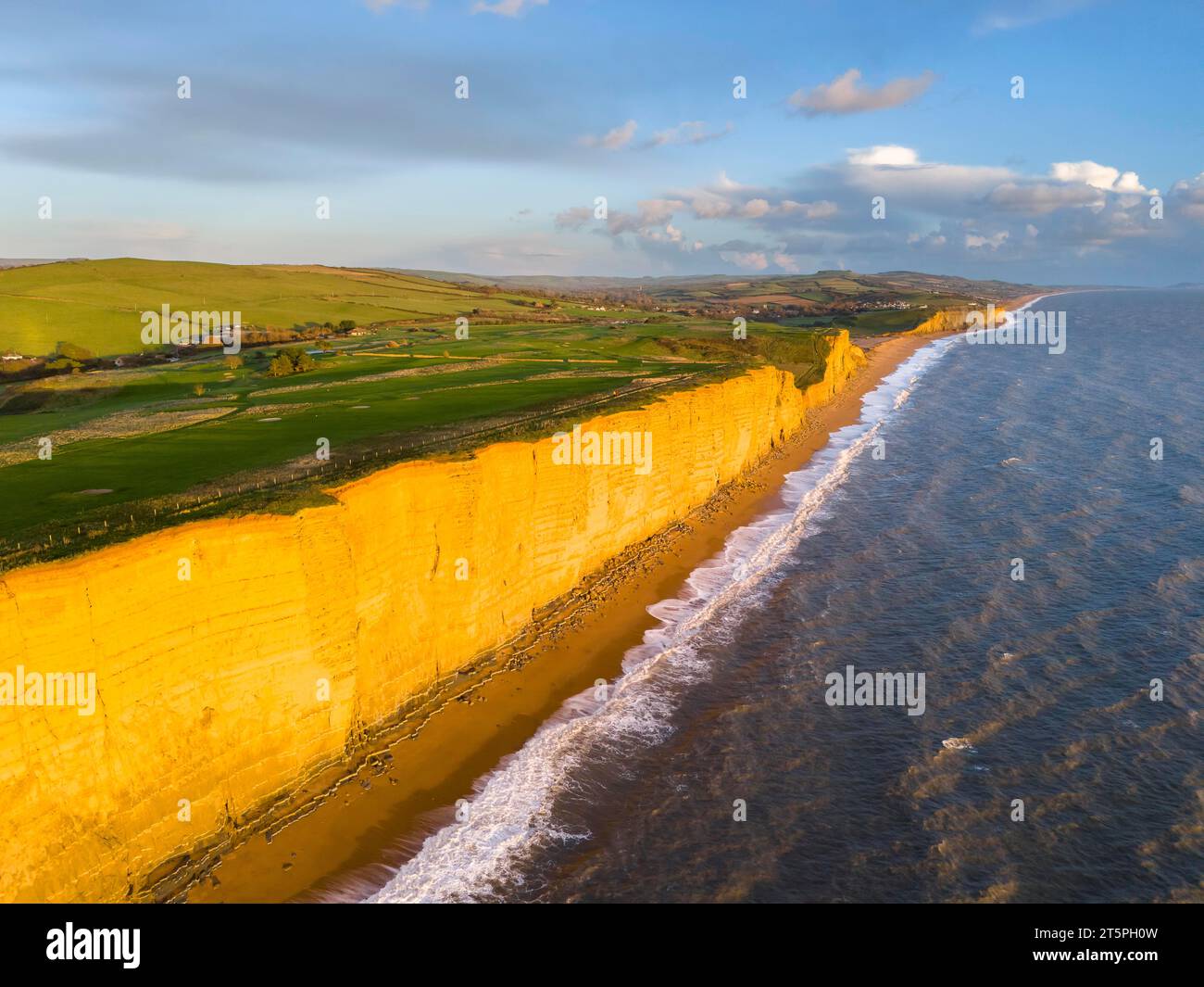 West Bay, Dorset, UK. 6th November 2023. UK Weather. Aerial view of the beach and cliffs at West ...