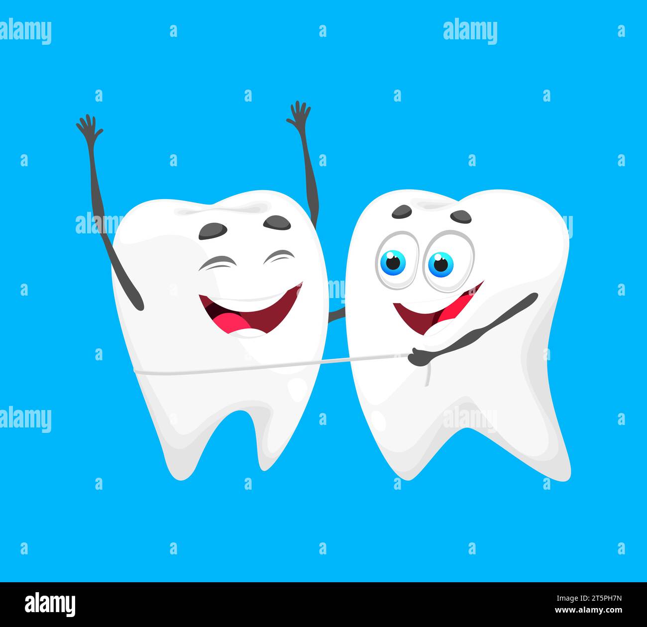 Cartoon tooth characters with dental floss. Oral hygiene, dental care ...
