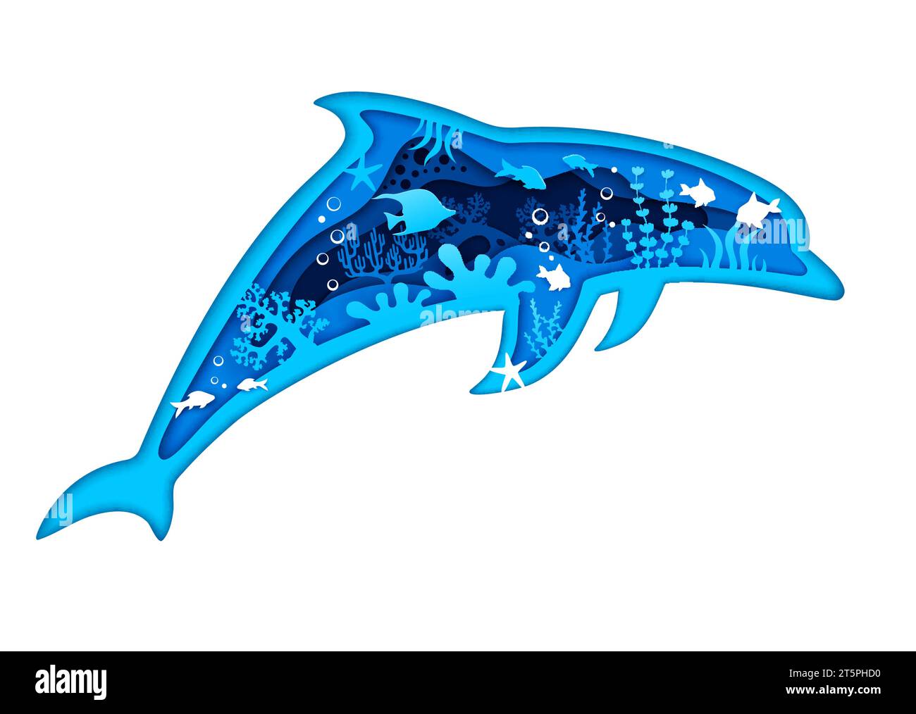 Blue dolphin silhouette with sea paper cut underwater landscape. Ocean ...