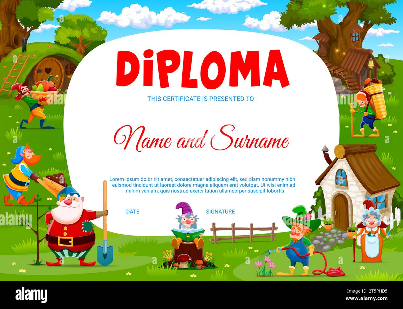 Kids diploma with cartoon fairytale funny gnomes, vector education ...