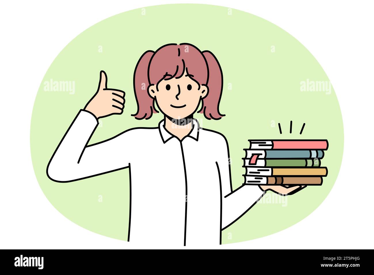 Girl holds pile of paper books, shows thumb up. Schoolgirl with ...