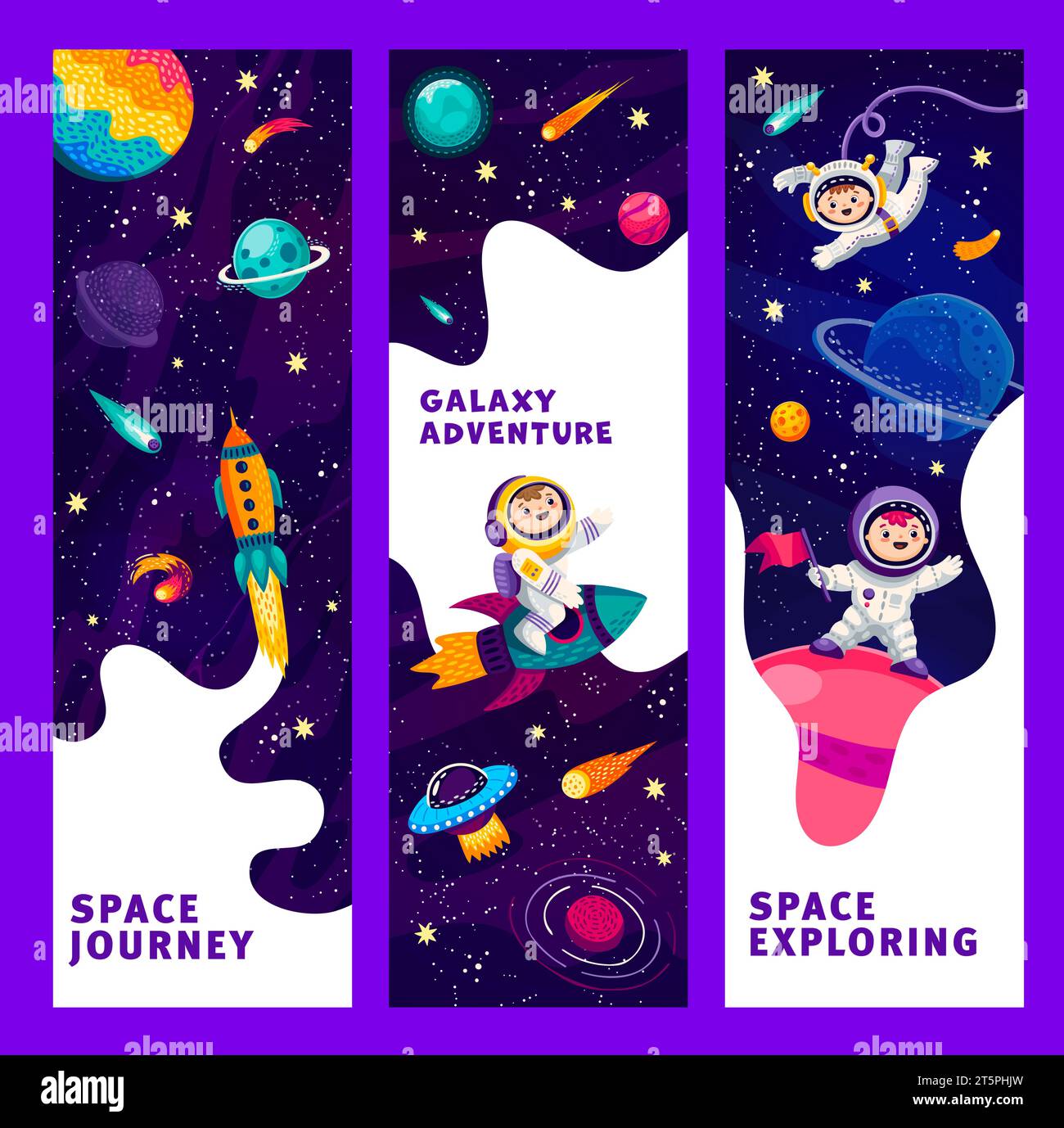 Cartoon space banners. Funny astronauts and space galaxy landscape ...